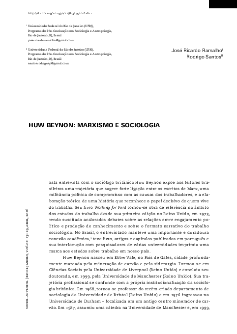 (PDF) Huw Beynon: Marxismo e Sociologia