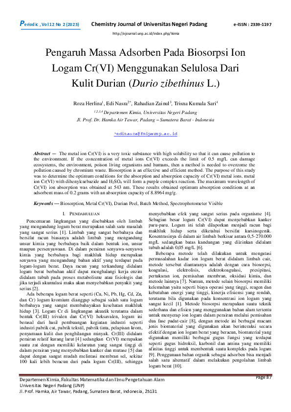 (PDF) Pengaruh Massa Adsorben Pada Biosorpsi Ion Logam Cr(VI ...