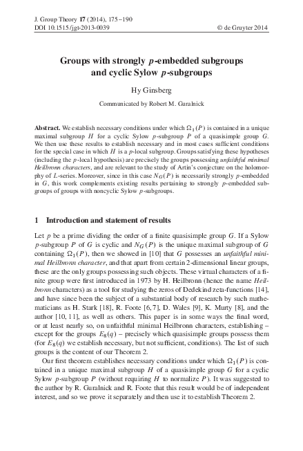 (PDF) Groups with strongly p-embedded subgroups and cyclic Sylow p-subgroups | Hy Ginsberg ...