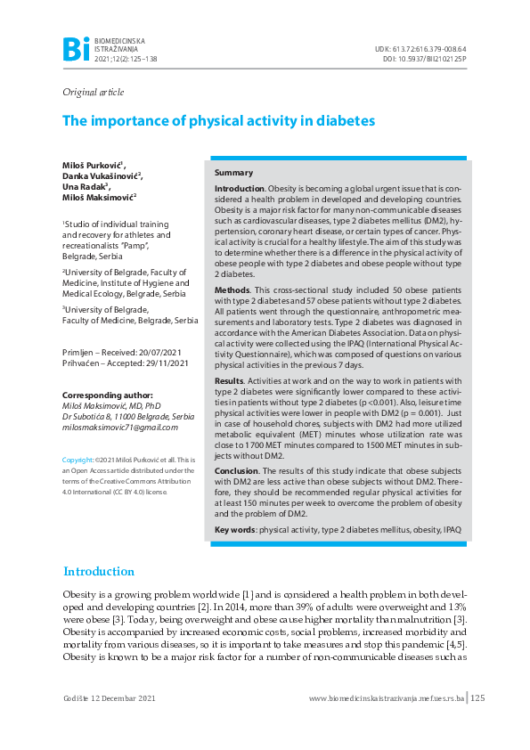 (PDF) The importance of physical activity in diabetes