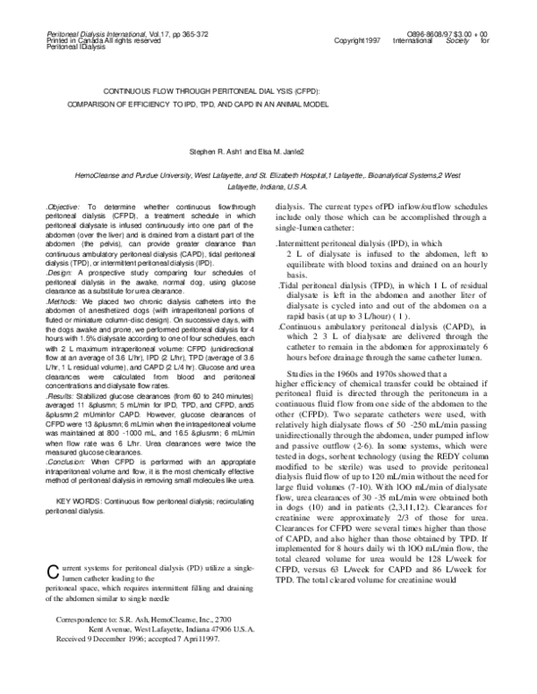 (PDF) Continuous Flow through Peritoneal Dialysis (Cfpd): Comparison of ...