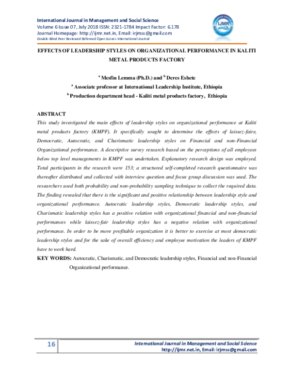 (PDF) Effects of Leadership Styles on Organizational Performance in ...