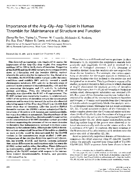 (PDF) Importance of the Arg-Gly-Asp Triplet in Human Thrombin for ...