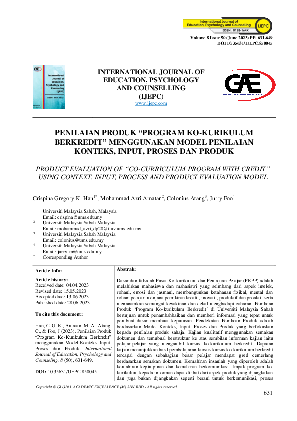 (PDF) Product Evaluation of “Co-Curriculum Program with Credit” Using Context, Input, Process ...