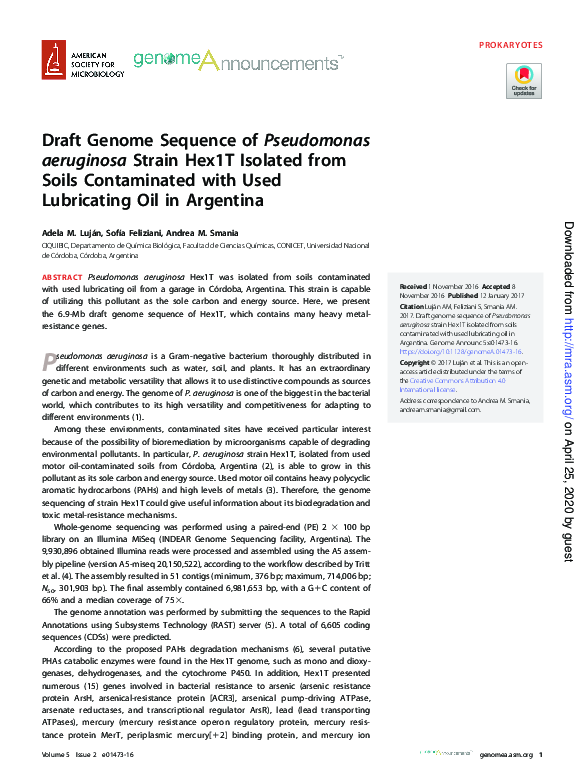 (PDF) Draft Genome Sequence of Pseudomonas aeruginosa Strain Hex1T Isolated from Soils ...