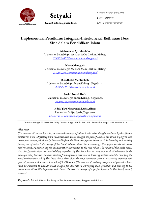 (PDF) Implementasi Pemikiran Integrasi-Interkoneksi Keilmuan Ibnu Sina dalam Pendidikan Islam