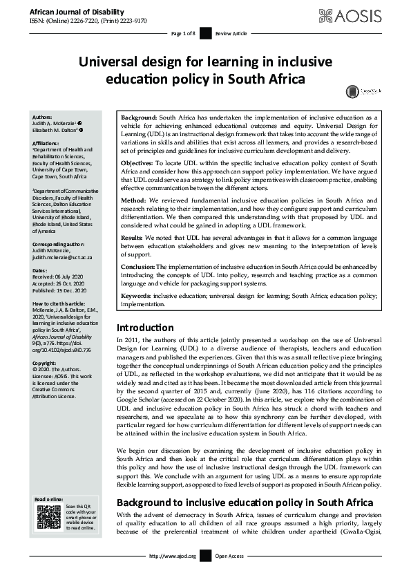 (PDF) Universal design for learning in inclusive education policy in South Africa