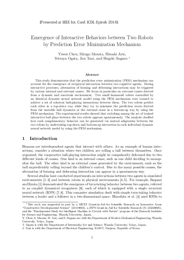(PDF) Emergence of interactive behaviors between two robots by ...