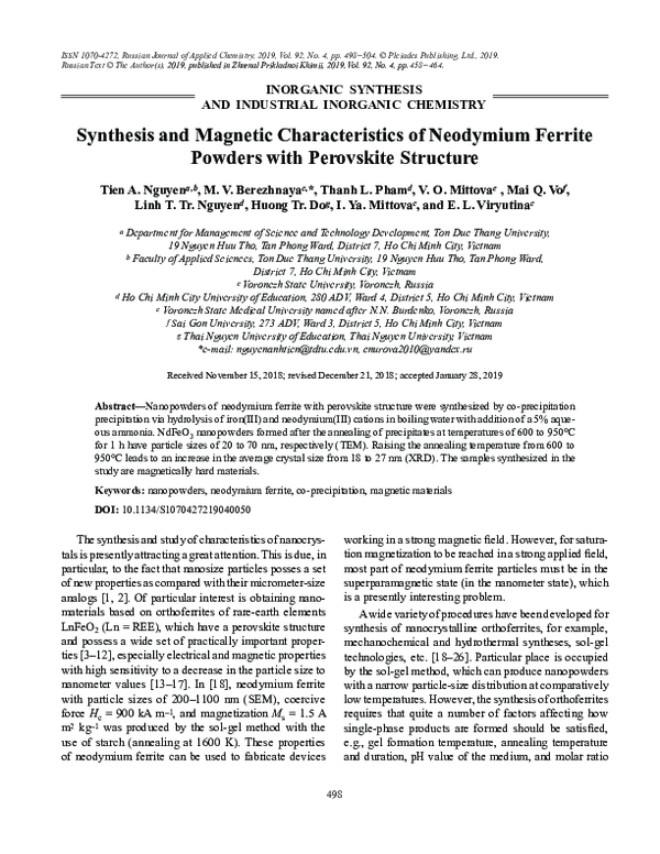 (PDF) Synthesis and Magnetic Characteristics of Neodymium Ferrite Powders with Perovskite Structure