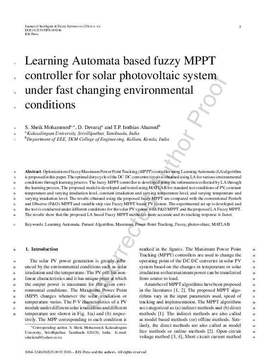 (PDF) Learning Automata based fuzzy MPPT controller for solar photovoltaic system under fast ...