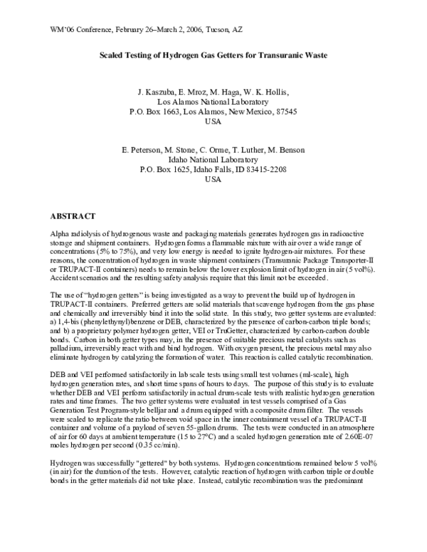 (PDF) Testing Hydrogen Getters for Safe Transuranic Waste Storage