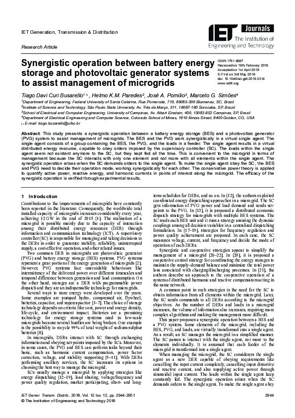 (PDF) Synergistic operation between battery energy storage and ...