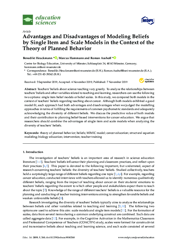 (PDF) Advantages and Disadvantages of Modeling Beliefs by Single Item ...