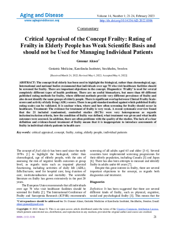 (PDF) Critical Appraisal of the Concept Frailty: Rating of Frailty in ...