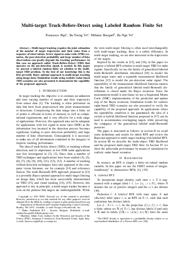 Pdf Multi Target Track Before Detect Using Labeled Random Finite Set Melanie Bocquel