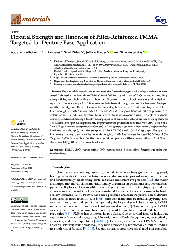 (PDF) Flexural Strength and Hardness of Filler-Reinforced PMMA Targeted for Denture Base Application