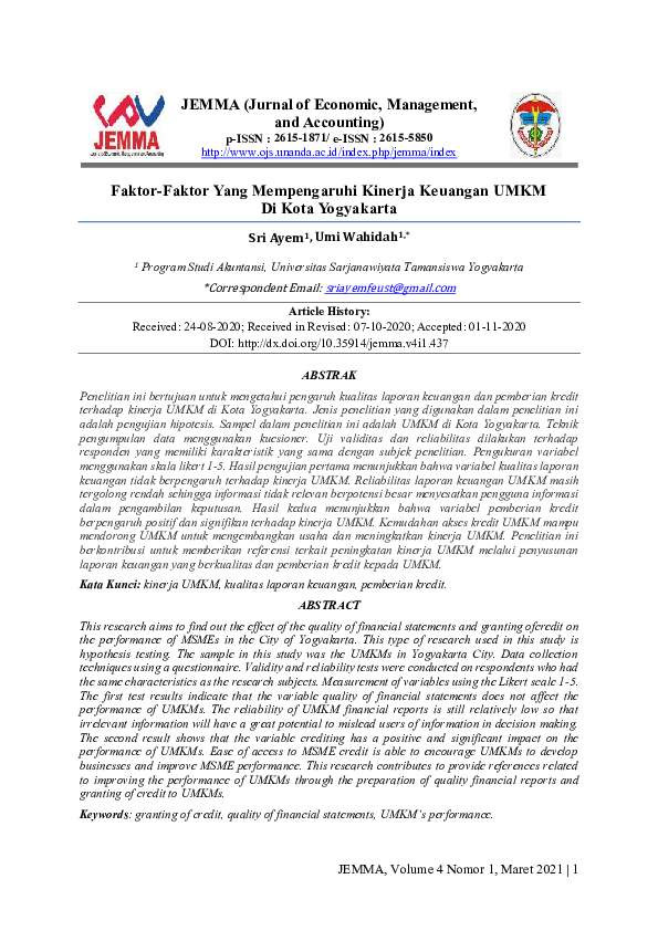 (PDF) Faktor-Faktor Yang Mempengaruhi Kinerja Keuangan UMKM Di Kota Yogyakarta