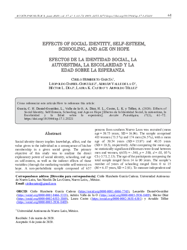 (PDF) Effects of Social Identity, Self-Esteem, Schooling, and Age on Hope [Efectos de la ...