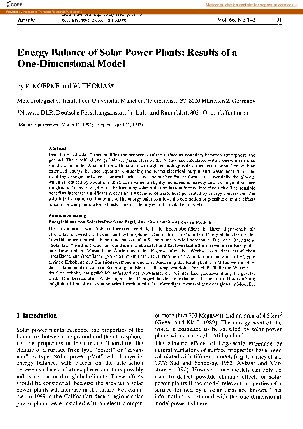 (PDF) Energy Balance of Solar Power Plants: Results of a One ...