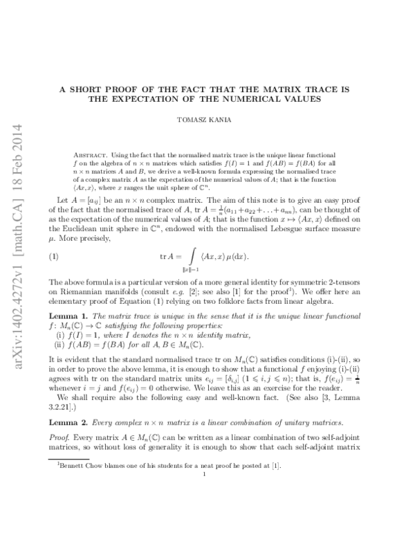 (PDF) A short proof of the fact that the matrix trace is the ...
