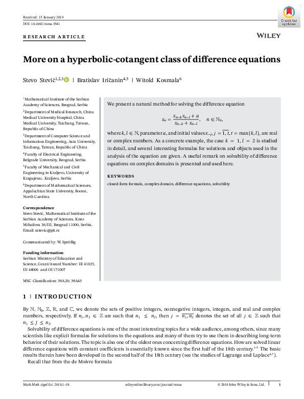 (PDF) More on a hyperbolic‐cotangent class of difference equations