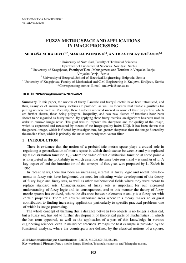 (PDF) Fuzzy metric space and applications in image processing