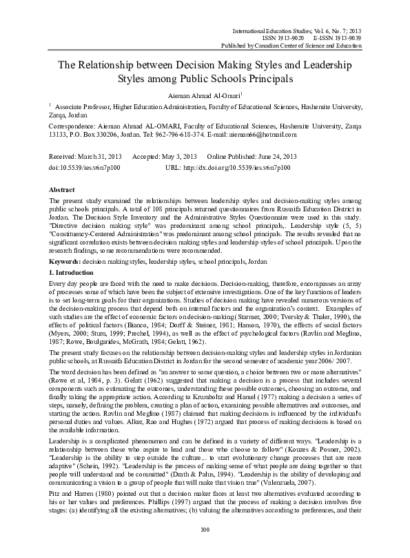 (PDF) The Relationship between Decision Making Styles and Leadership Styles among Public School ...