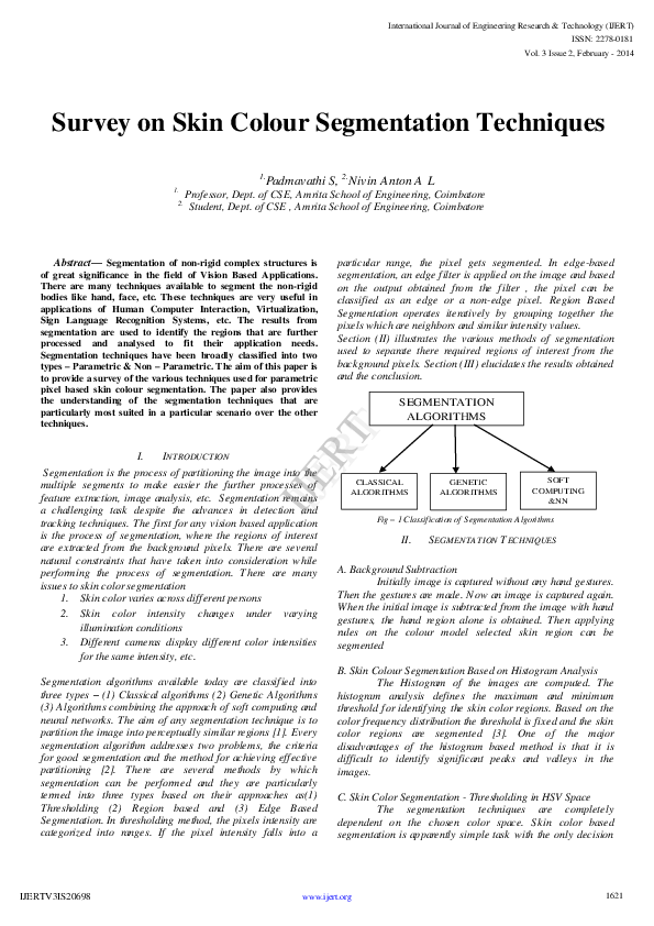 Pdf Survey On Skin Colour Segmentation Techniques