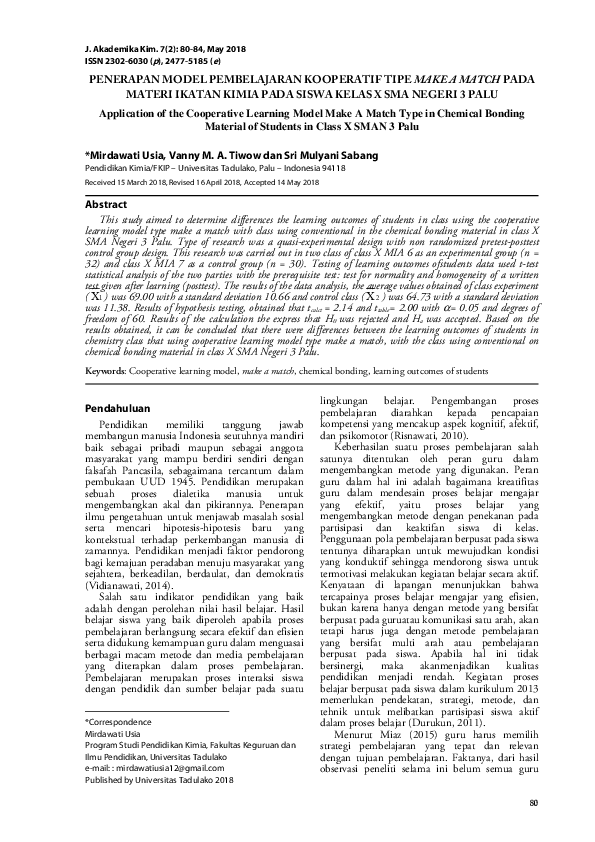 (PDF) Penerapan Model Pembelajaran Kooperatif Tipe Make A Match pada Materi Ikatan Kimia pada ...