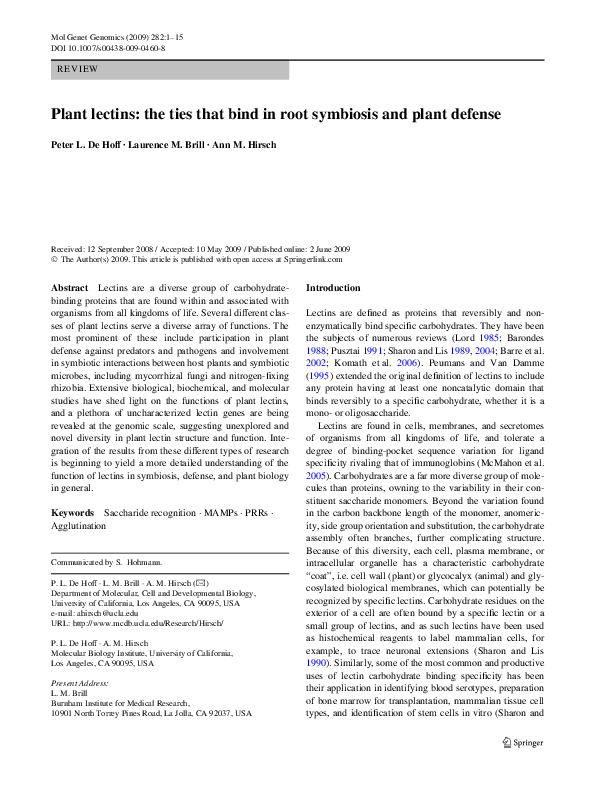 (PDF) Plant lectins: the ties that bind in root symbiosis and plant defense