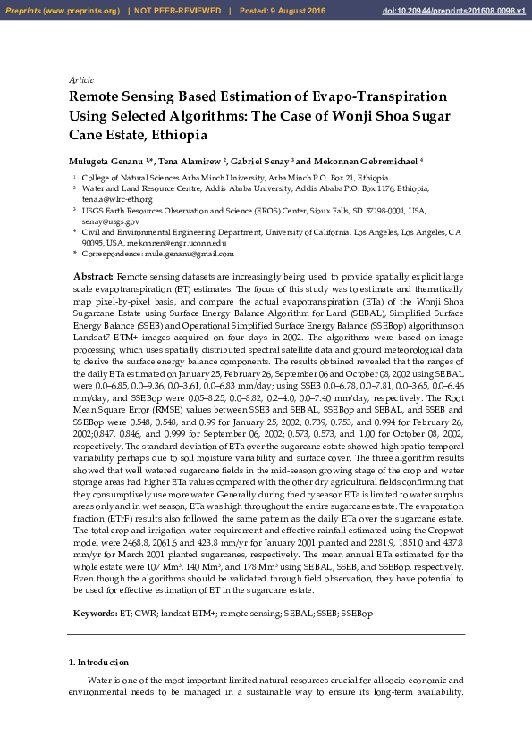 (PDF) Remote Sensing Based Estimation of Evapo-Transpiration Using Selected Algorithms: The Case ...