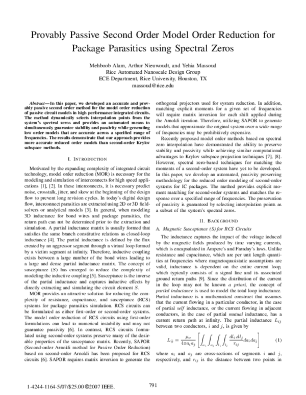 Pdf Passive Model Order Reduction Via Spectral Zeros