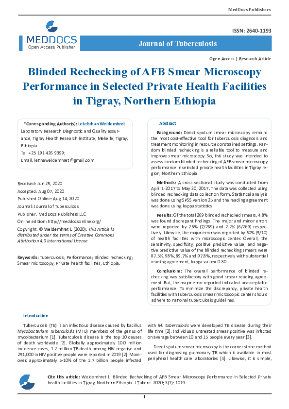 (PDF) Blinded Rechecking of AFB smear Microscopy performance in ...