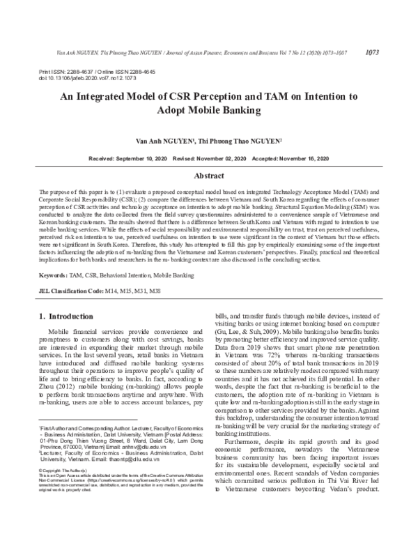 (PDF) An Integrated Model of CSR Perception and TAM on Intention to ...