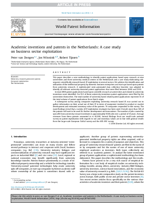 (PDF) Utilization of University Patents in Dutch Business: Case Study