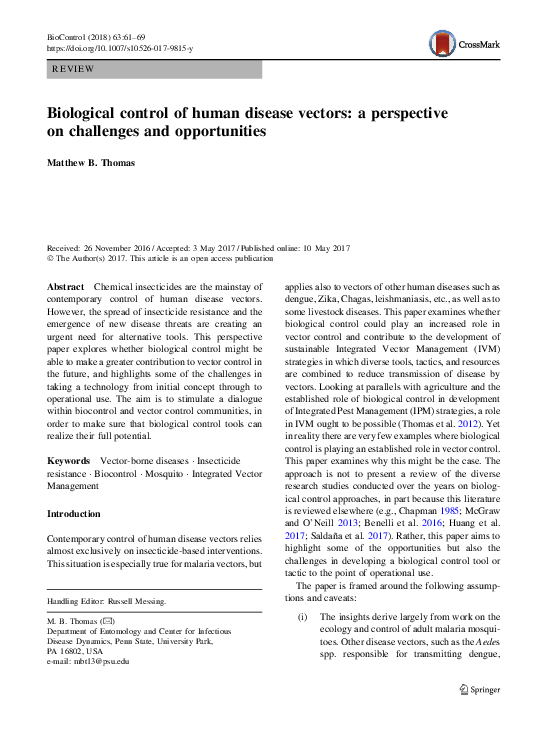 (PDF) Biological control of human disease vectors: a perspective on ...