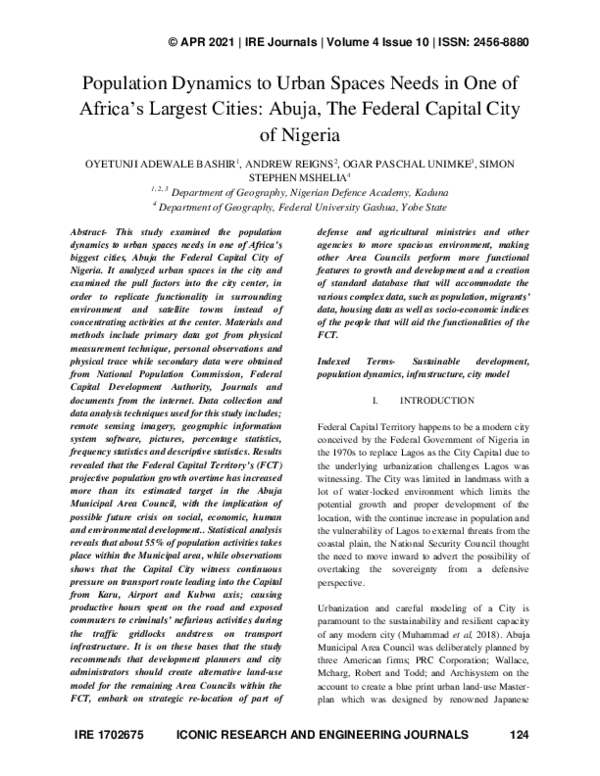 (PDF) Population Dynamics to Urban Spaces Needs in One of Africa's Largest Cities: Abuja, The ...