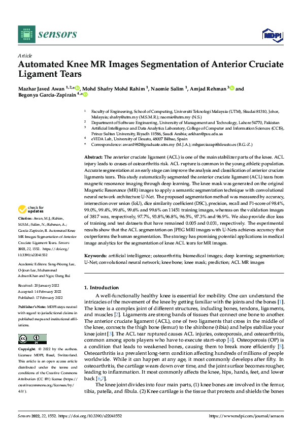 (PDF) Automated Knee MR Images Segmentation of Anterior Cruciate Ligament Tears | Bego garcia ...