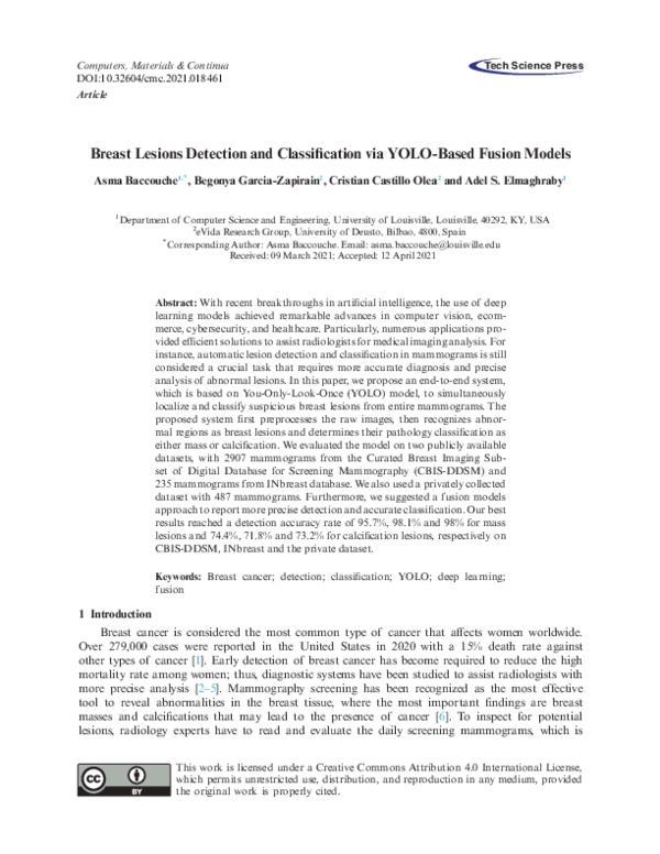 (PDF) Breast Lesions Detection and Classification via YOLO-Based Fusion Models