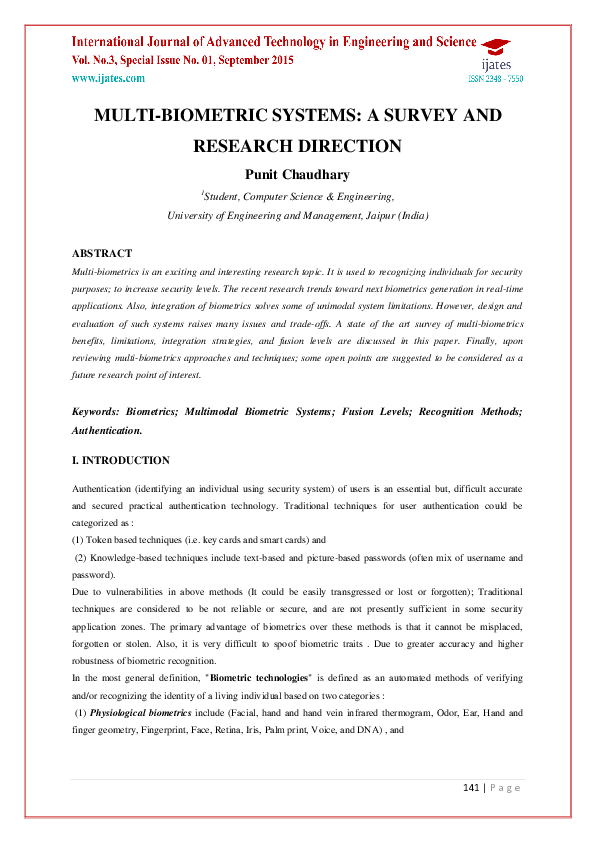 (PDF) Multi-Biometric Systems: A Survey and Research Direction