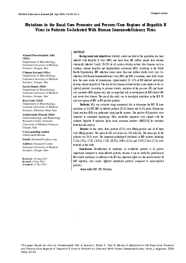 (PDF) Mutations in the Basal Core Promoter and Precore/Core Regions of ...