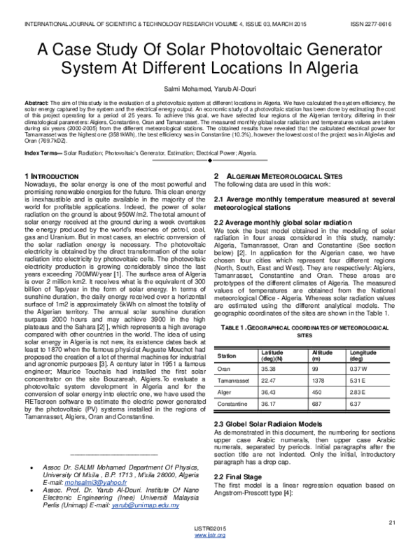 (PDF) A Case Study Of Solar Photovoltaic Generator System At Different ...