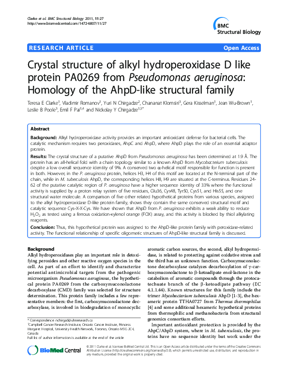 (PDF) Crystal structure of alkyl hydroperoxidase D like protein PA0269 ...
