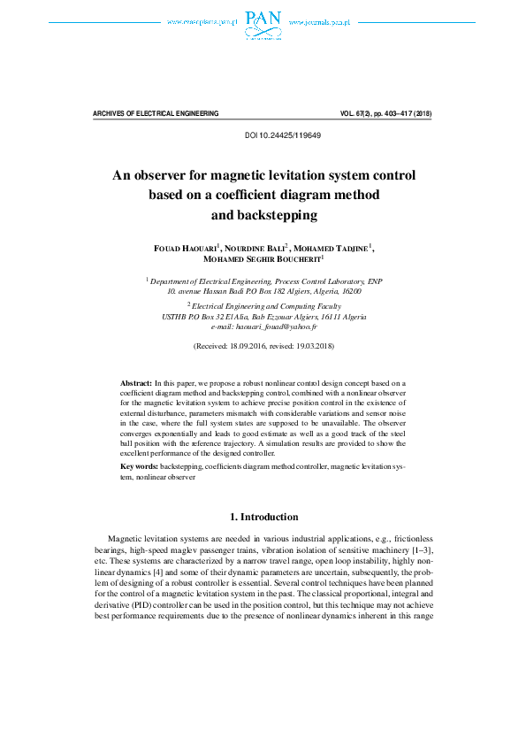 (PDF) An observer for magnetic levitation system control based on a coefficient diagram method ...