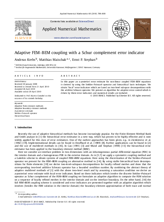 (PDF) Adaptive FEM–BEM coupling with a Schur complement error indicator