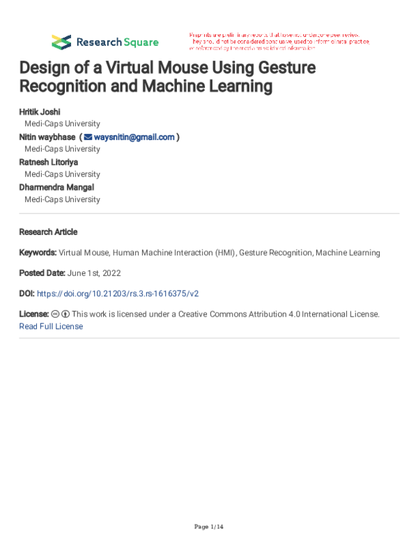 (PDF) Design of a Virtual Mouse Using Gesture Recognition and Machine Learning