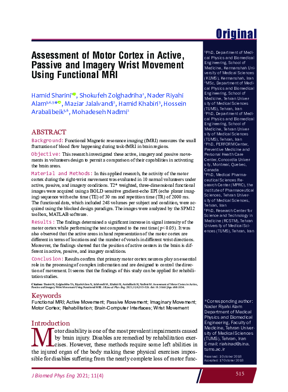 (PDF) Assessment of Motor Cortex in Active, Passive and Imagery Wrist ...