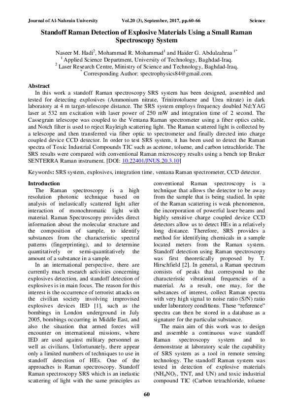 (PDF) Standoff Raman Detection of Explosive Materials Using a Small ...