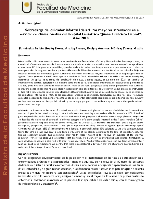 (PDF) Sobrecarga del cuidador informal de adultos mayores internados en ...