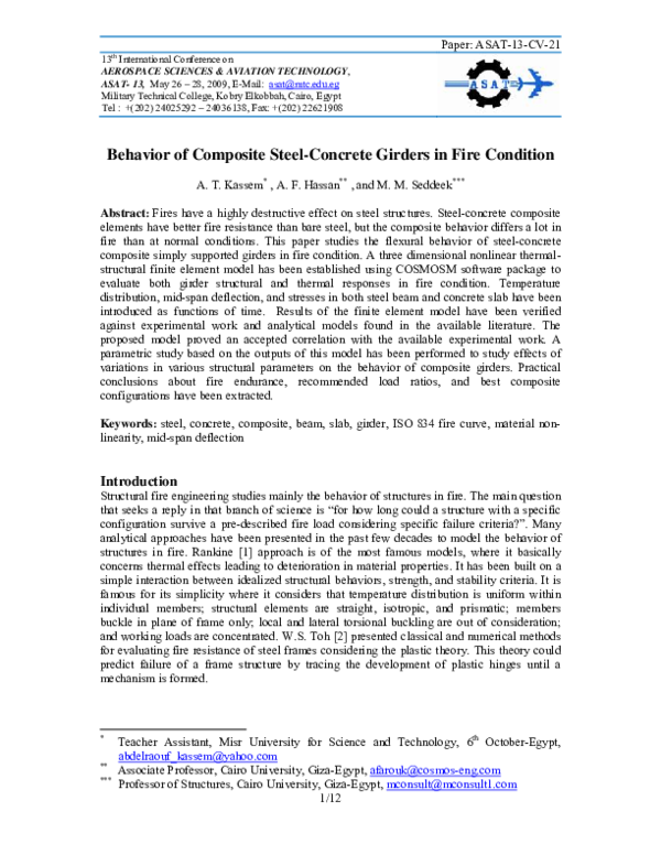 (PDF) Behavior of Composite Steel-Concrete Girders in Fire Condition